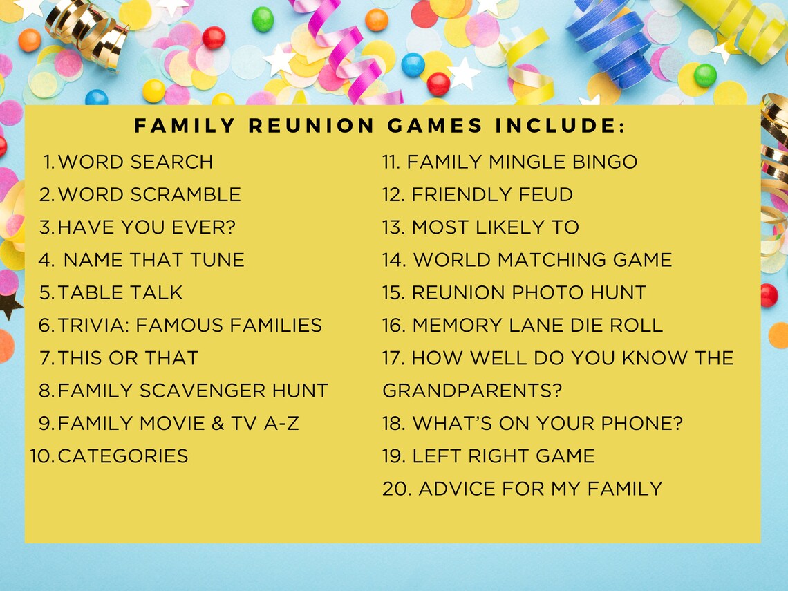 Printable Family Reunion Party Games Pack, Mingle Bingo, Left Right ...