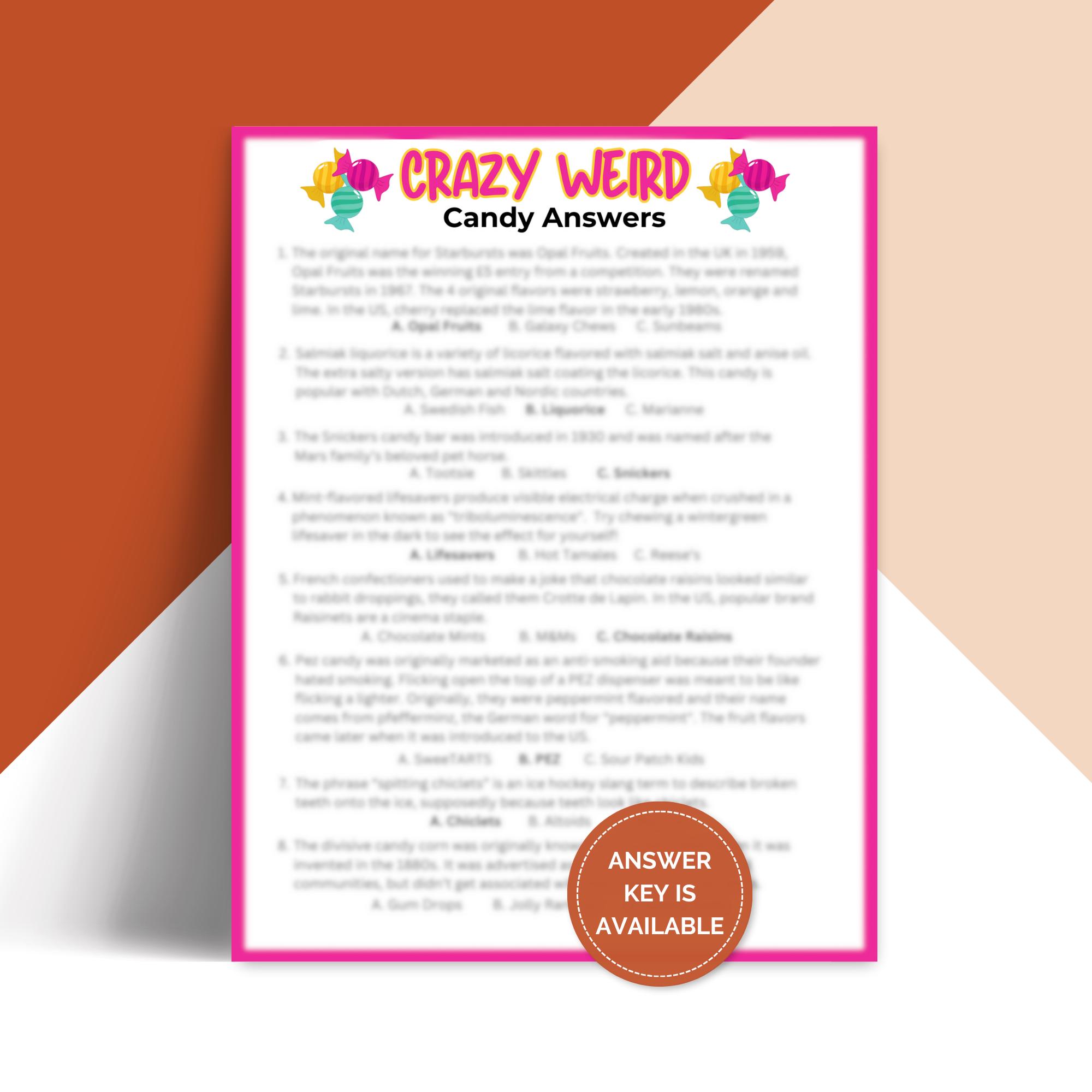 Printable Crazy Weird Candy Trivia Game, Pub Quiz, Icebreaker Trivia ...