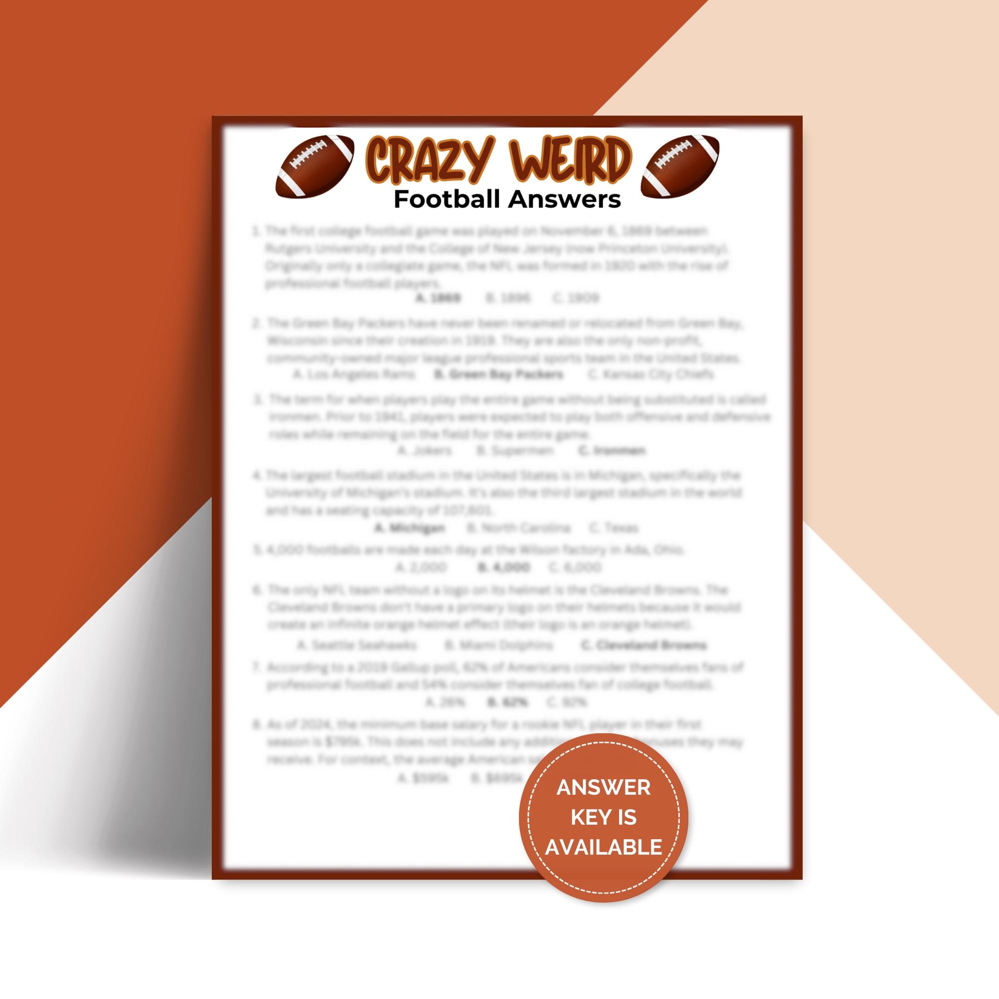 Printable Crazy Weird Football Trivia Game, Pub Trivia, Sports Party ...