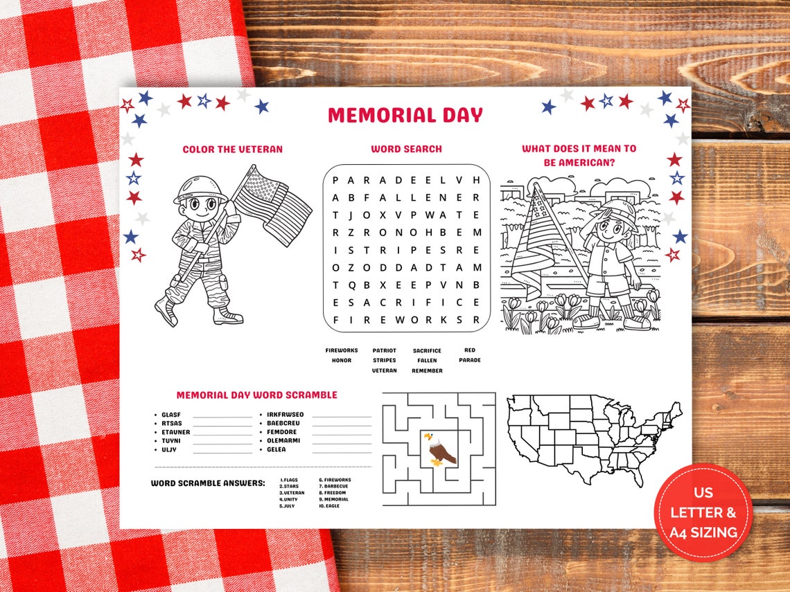 Printable Memorial Day Games Paper Placemat - Summer Fun for Everyone ...