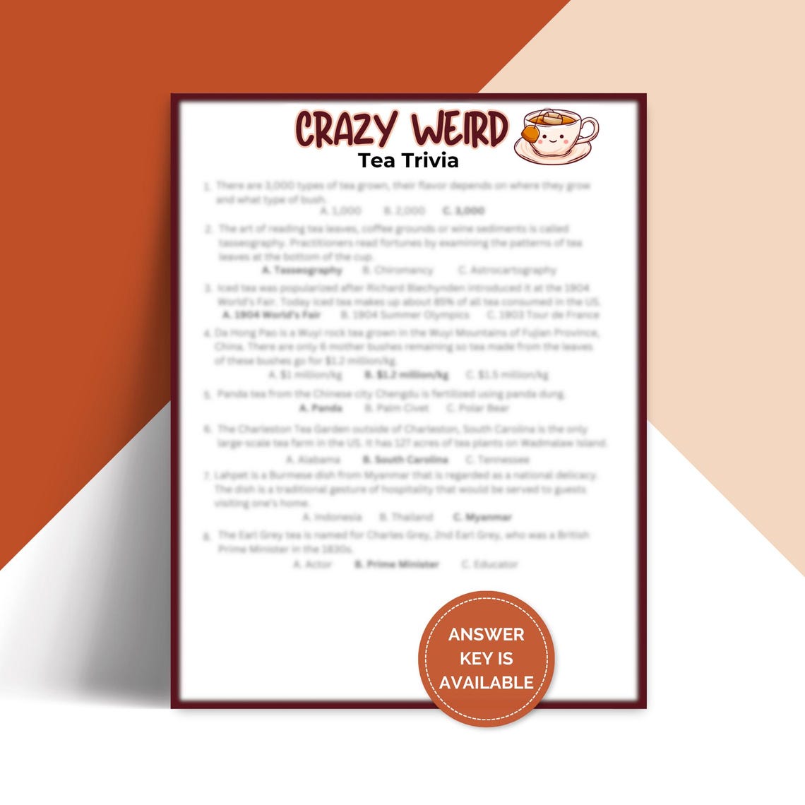 Printable Crazy Weird Tea Trivia Game, Tea Party Games, Pub Trivia ...