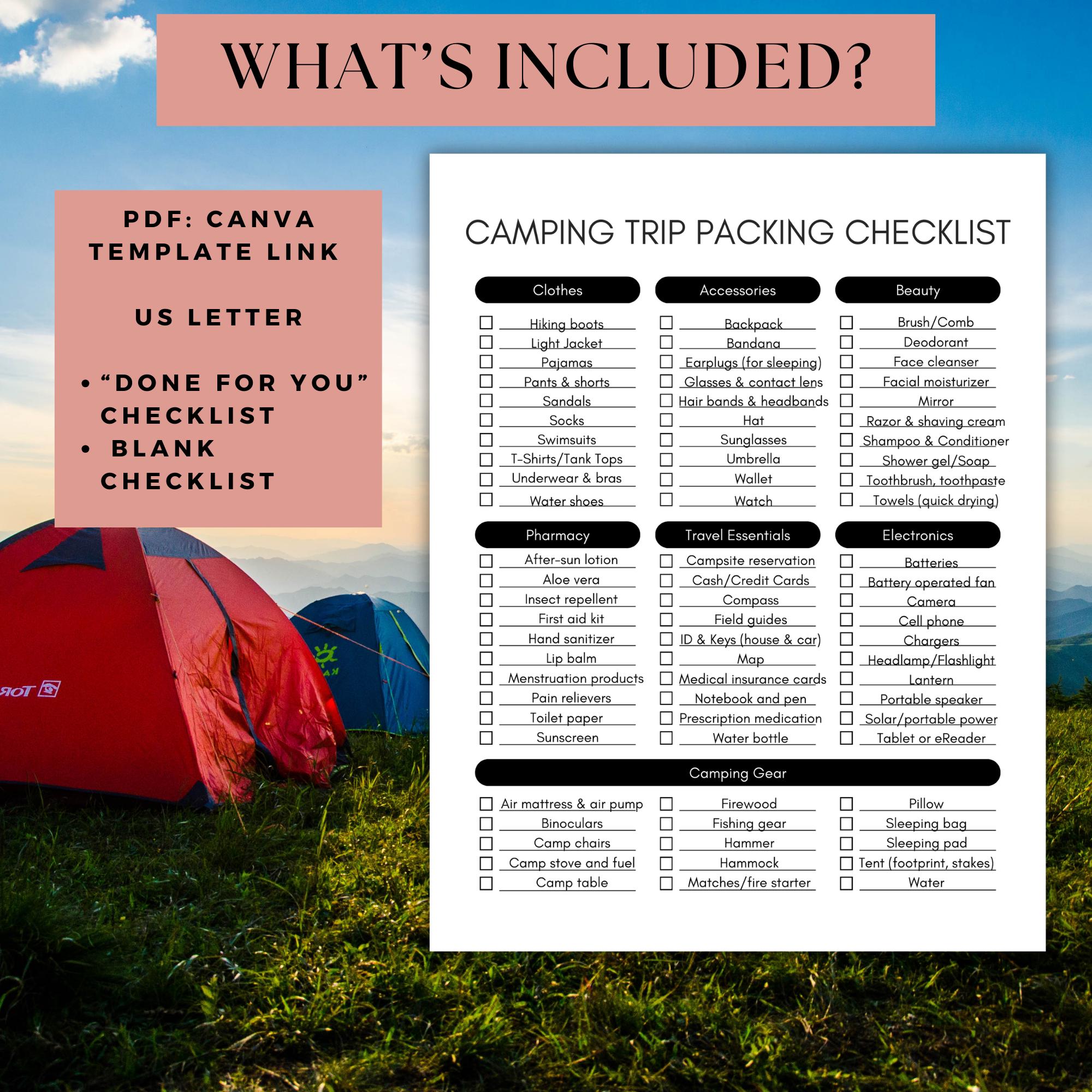 Editable Camping Vacation Essentials Checklist Minimalist, Camping ...