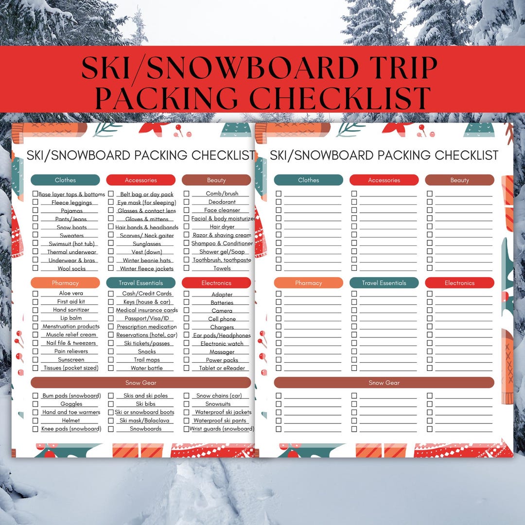 Printable Red Ski and Snowboard Travel Checklist for All Your Travel ...
