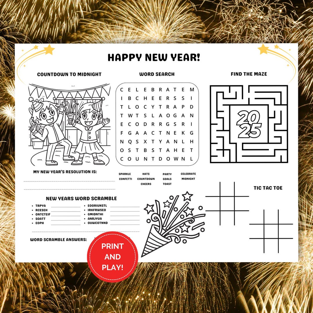 Printable 2025 New Years Eve Coloring Paper Placemats, New Years Eve ...