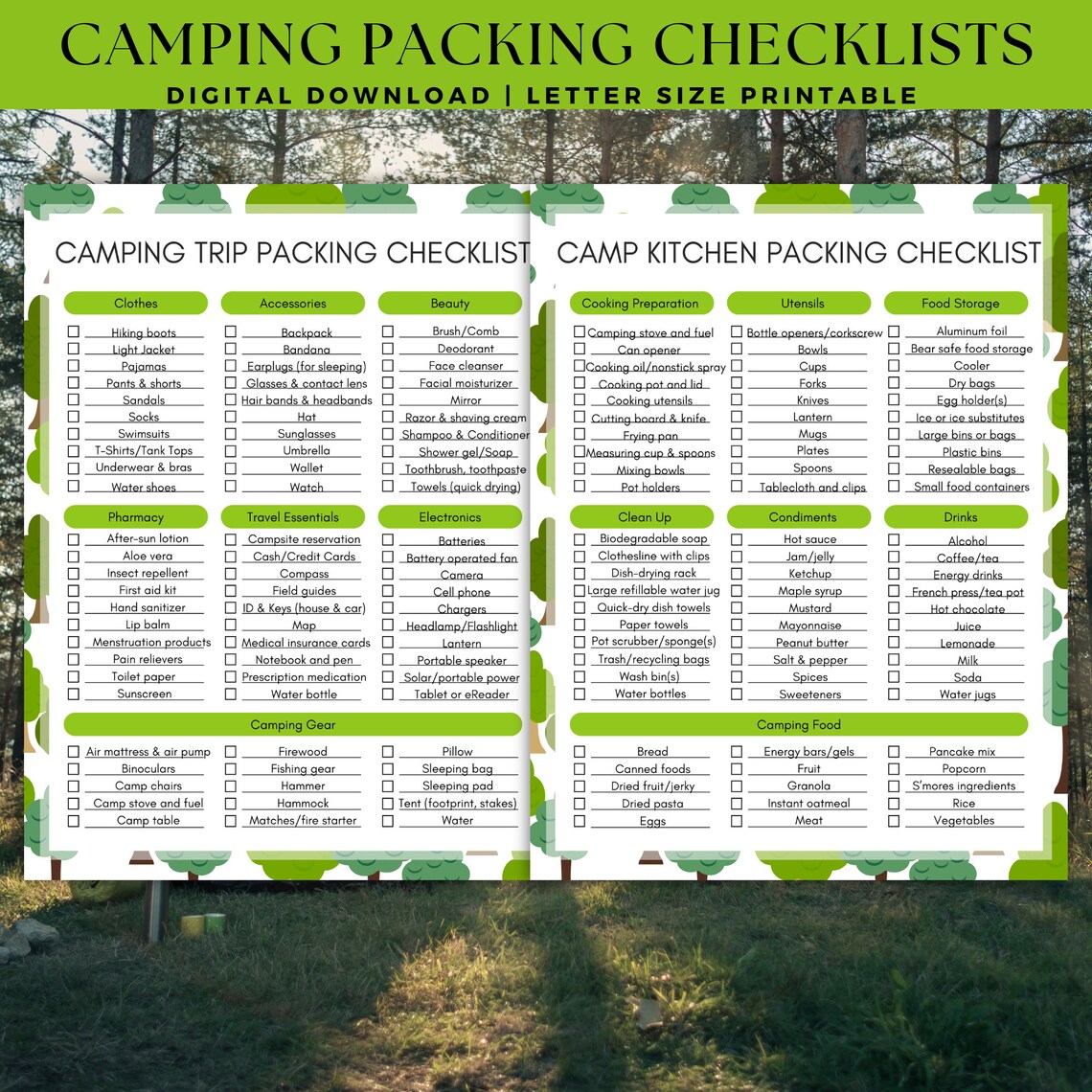 Printable Camping Essentials Checklist Green, Camping Packing Checklist ...