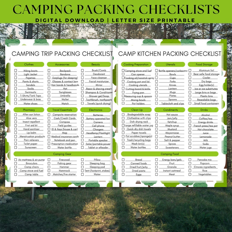 Printable Camping Essentials Checklist Green, Camping Packing Checklist ...