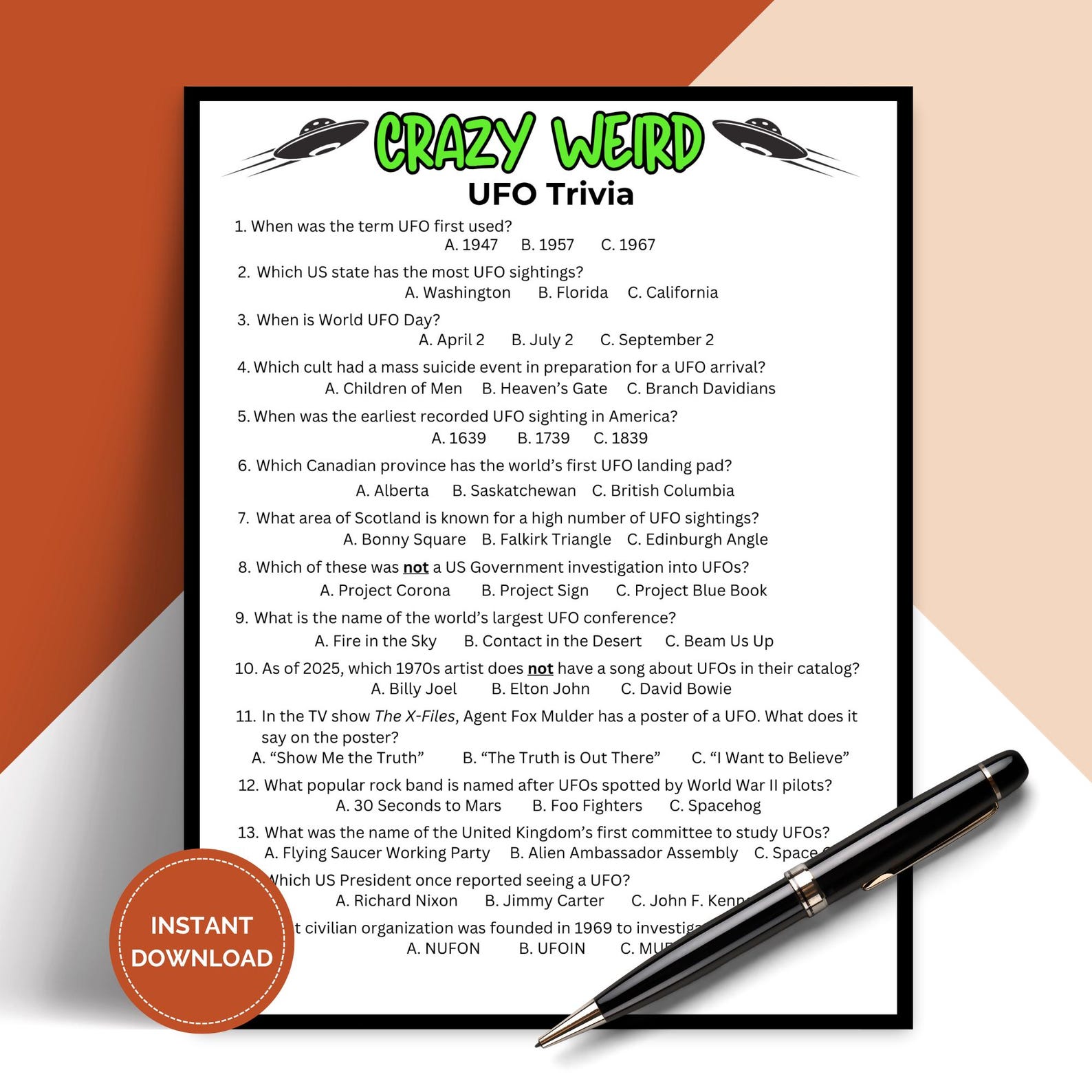 Printable Crazy Weird UFO Trivia Game, Pub Trivia Night, Alien Theme ...
