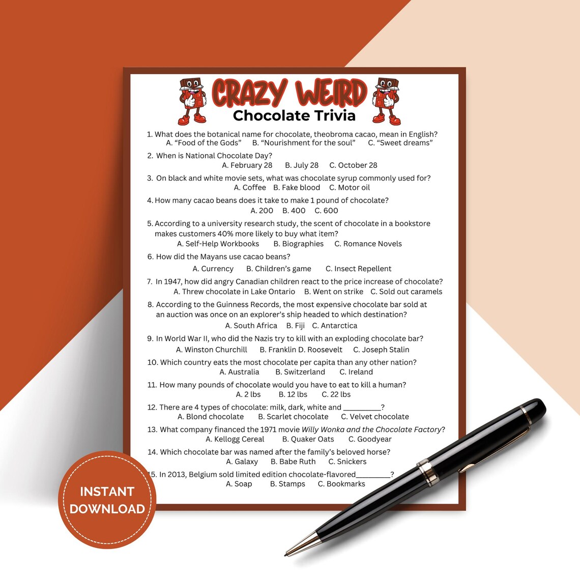 Printable Crazy Weird Chocolate Trivia Game, Pub Quiz, Icebreaker ...