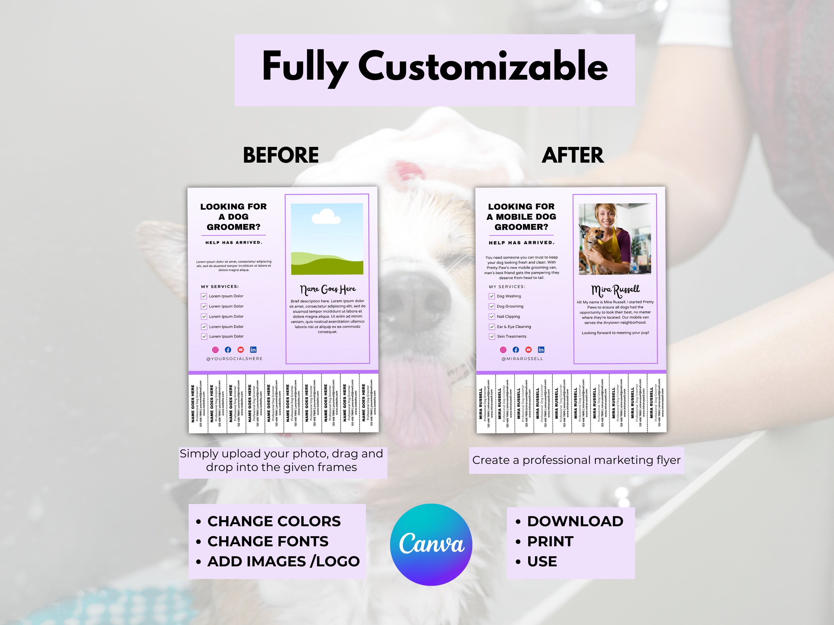 Editable Dog Grooming Tear off Flyer Template, Dog Grooming, Business ...