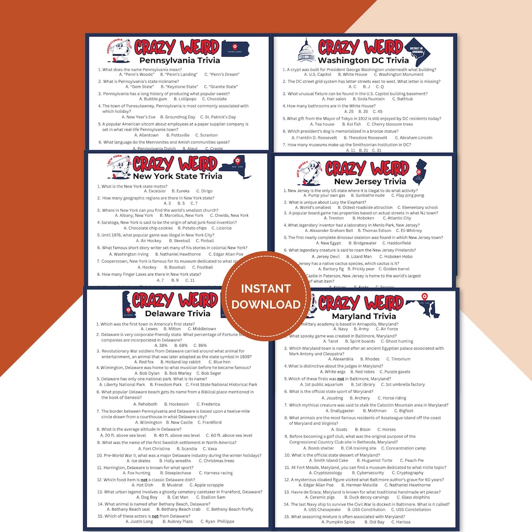 Printable Crazy Weird Mid-atlantic States Trivia Game Bundle, Pub ...
