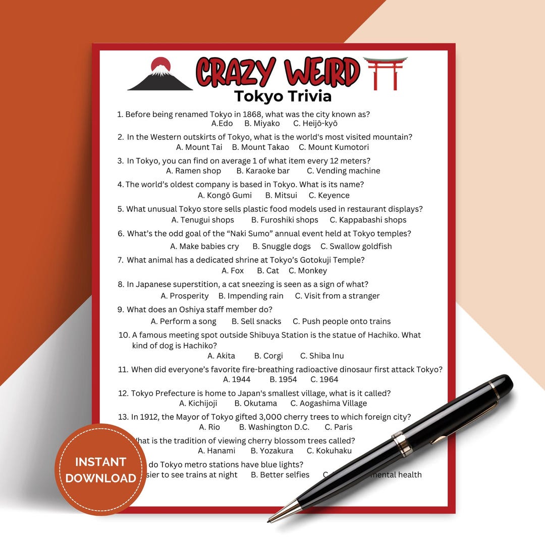 Printable Crazy Weird Tokyo Travel Trivia Game, Japan Pub Trivia ...