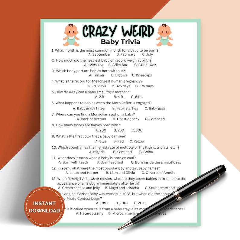 Printable Crazy Weird Baby Trivia Game, Funny Icebreaker Game for Baby ...