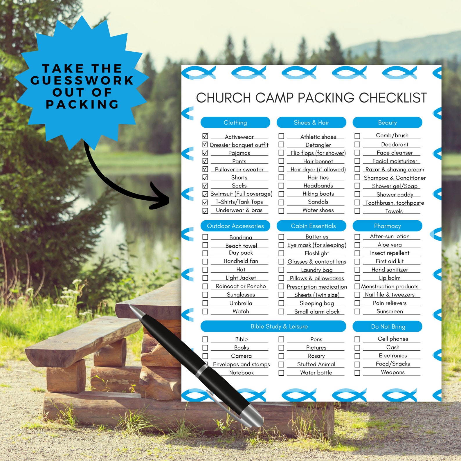 Printable Church Camp Packing Checklist - Christian Fish Design ...