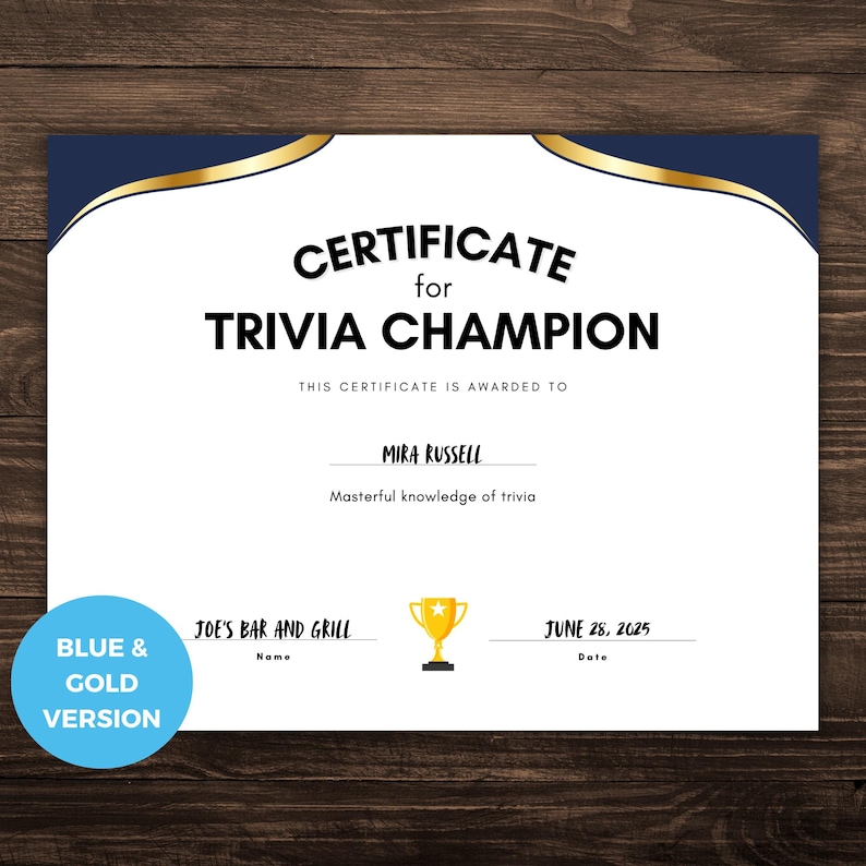 Printable Trivia Champion Certificate Awards, Pub Trivia, Icebreaker ...
