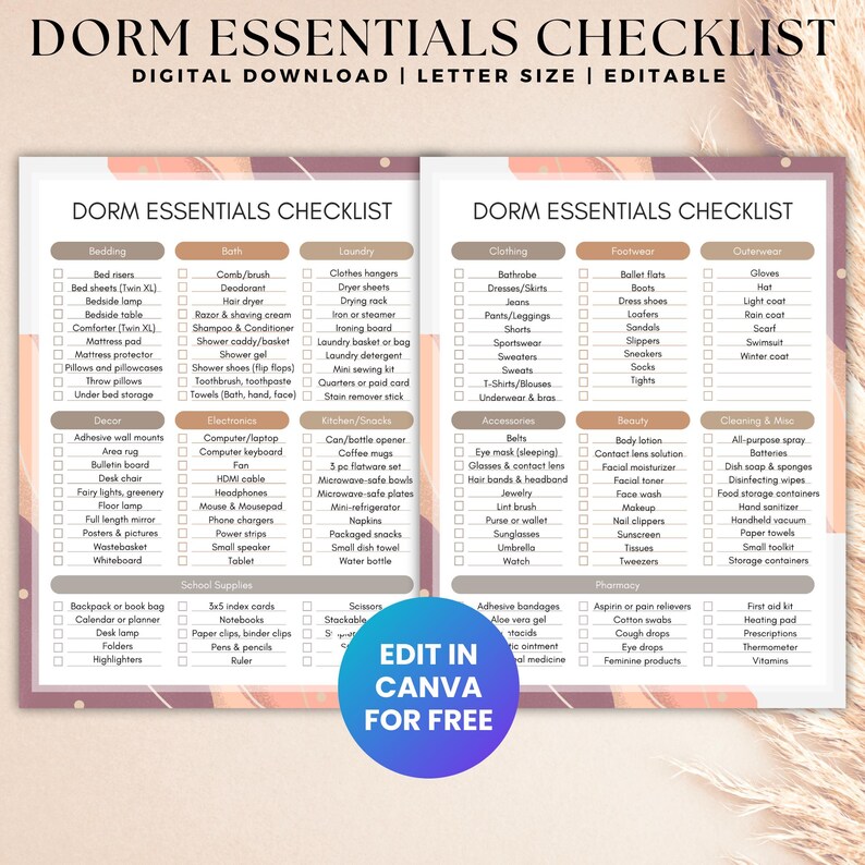 Editable College Dorm Essentials Checklist - A Printable Boho Granola ...