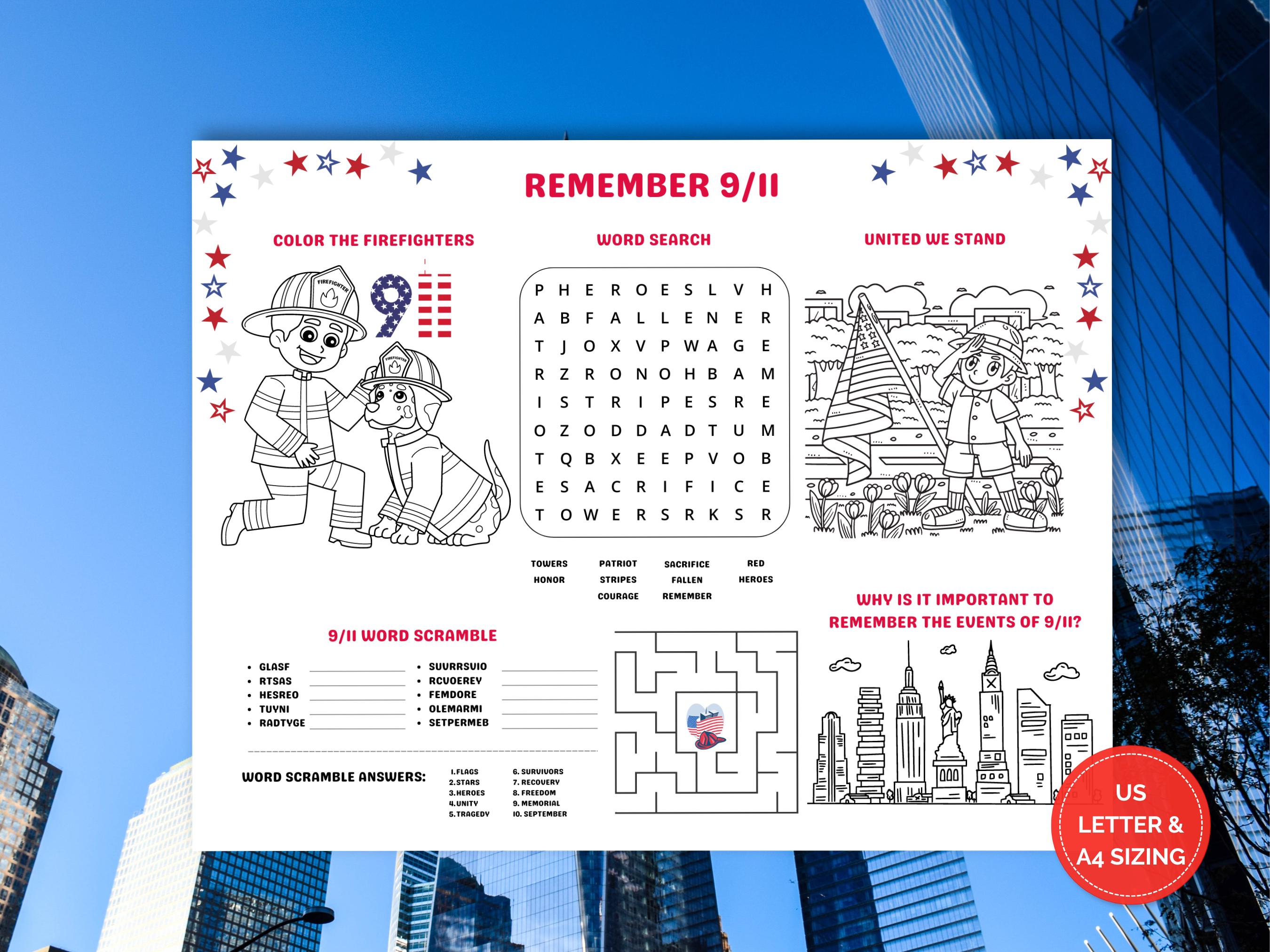 9/11 Remembrance Day Printable Placemats: Patriotic Activities for ...