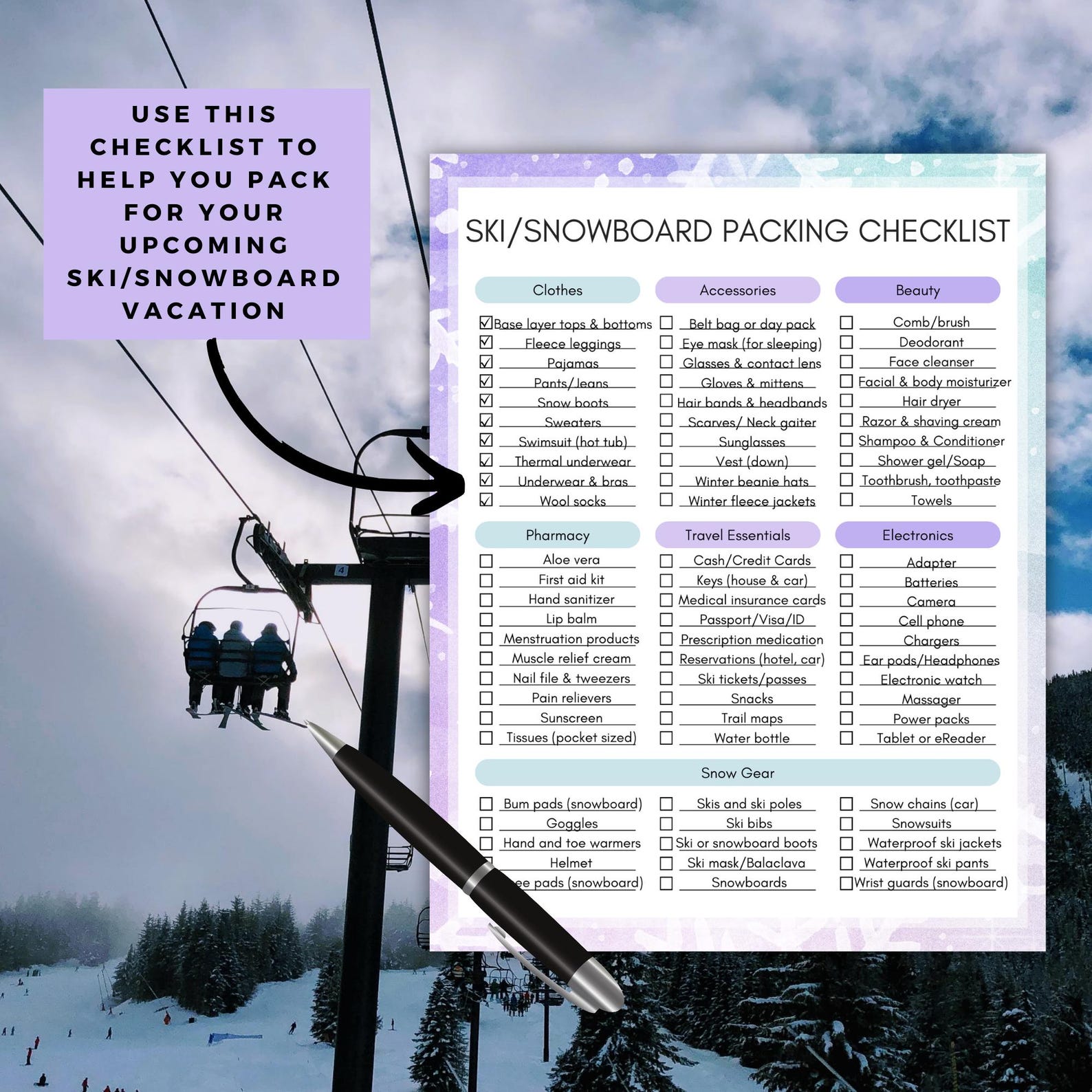 Printable Purple Ski and Snowboard Travel Checklist for All Your Travel ...