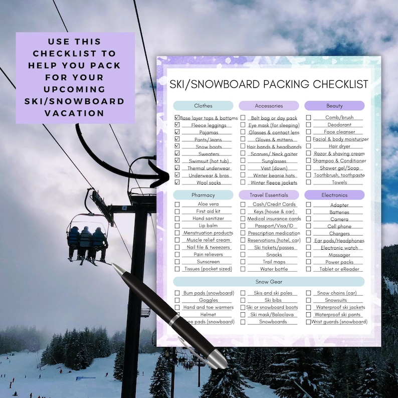 Printable Purple Ski and Snowboard Travel Checklist for All Your Travel ...