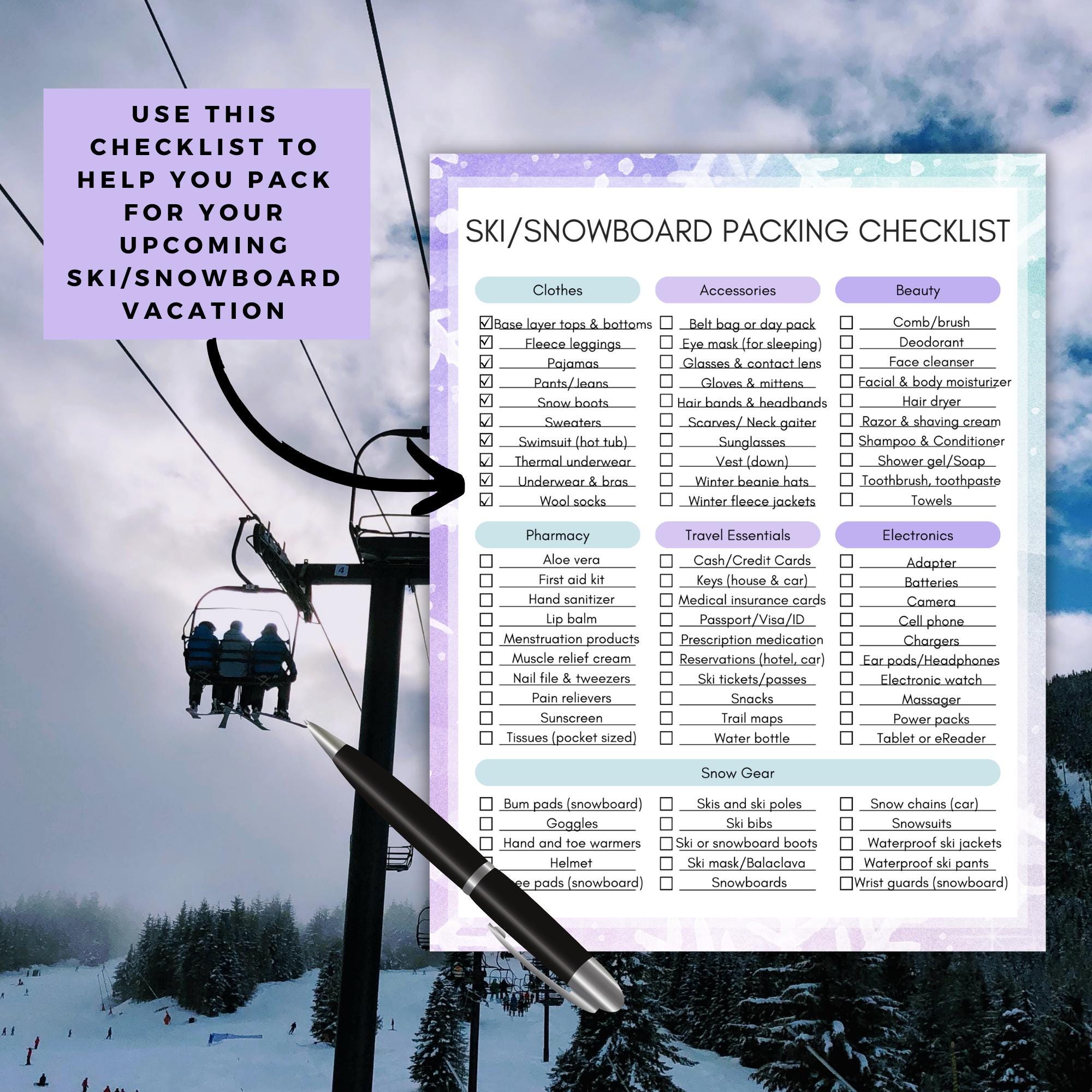 Printable Purple Ski and Snowboard Travel Checklist for All Your Travel ...