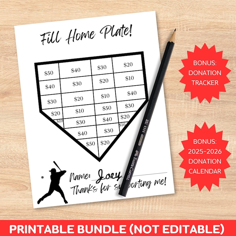Printable Baseball Fundraiser Tracker Bundle + Donation Calendar for ...