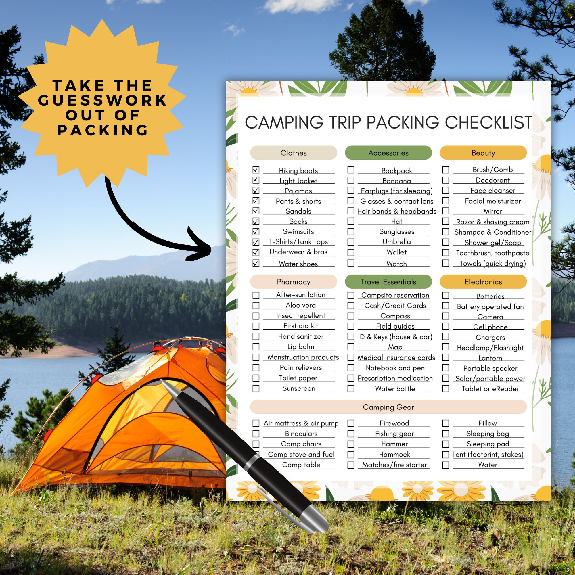 Printable Camping Essentials Checklist Yellow, Camping Packing Checklist, Camping Bachelorette ...