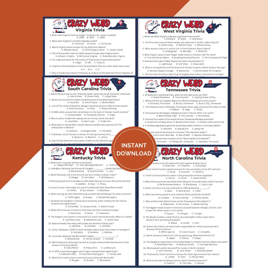 Printable Crazy Weird Southern States Trivia Game Bundle, Pub Trivia ...