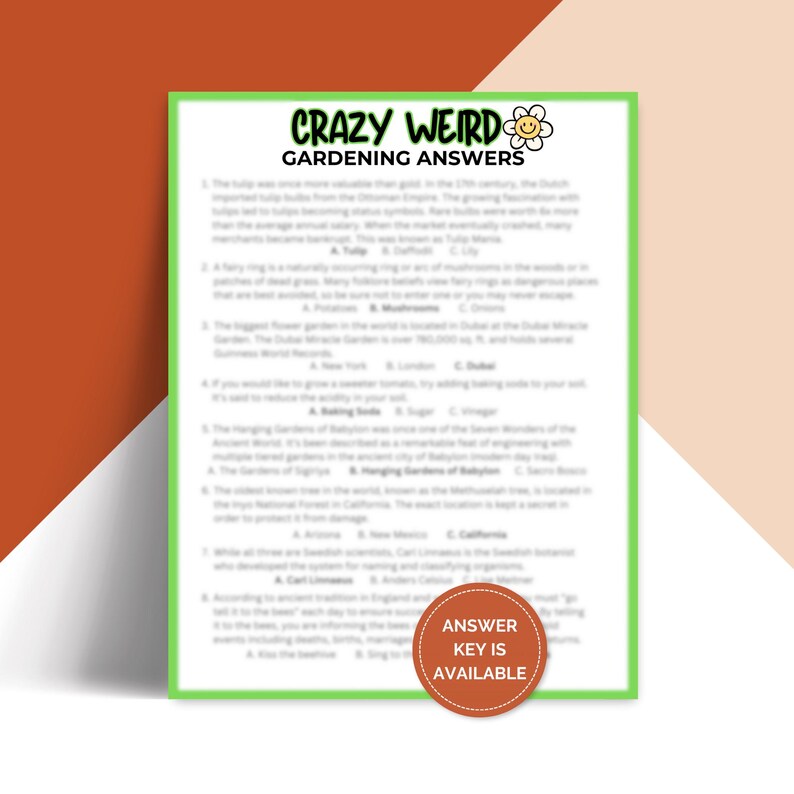 Printable Crazy Weird Gardening Trivia Game, Pub Trivia, Nature and Plant Quiz, Icebreaker ...