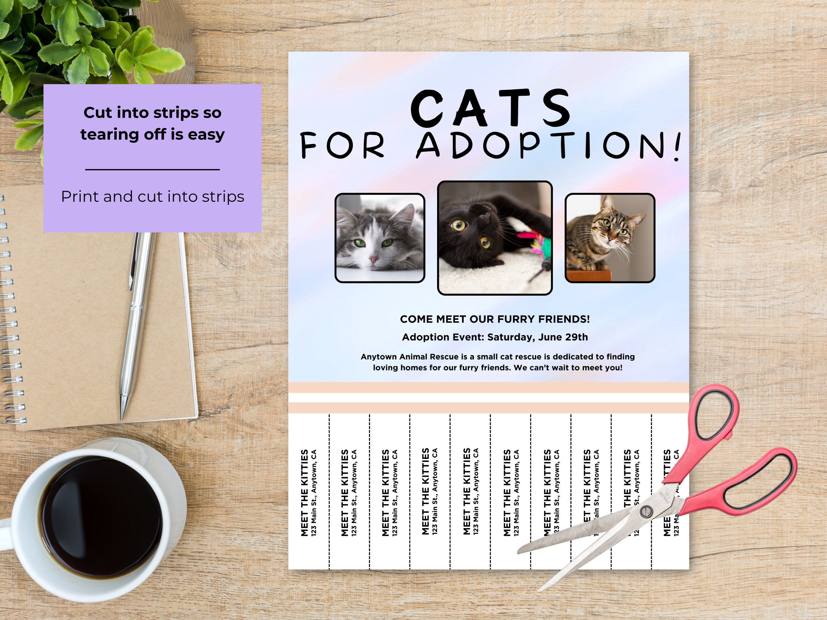 Editable Cat Adoption Event Tear off Flyer, Nonprofit Animal Shelter ...