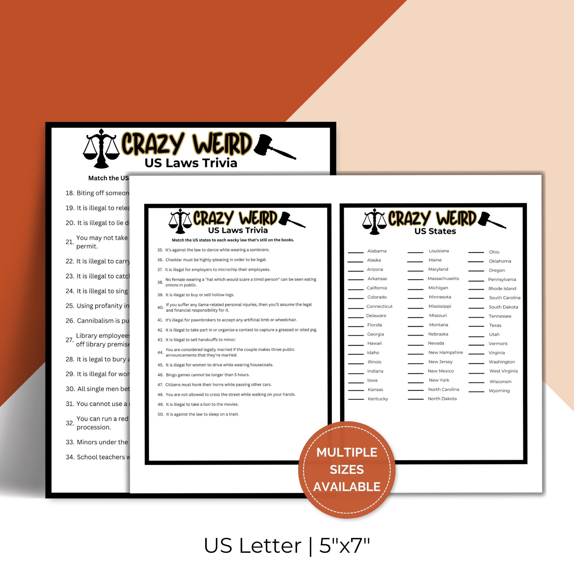 Printable Crazy Weird US State Laws Trivia Game Perfect for Law School ...