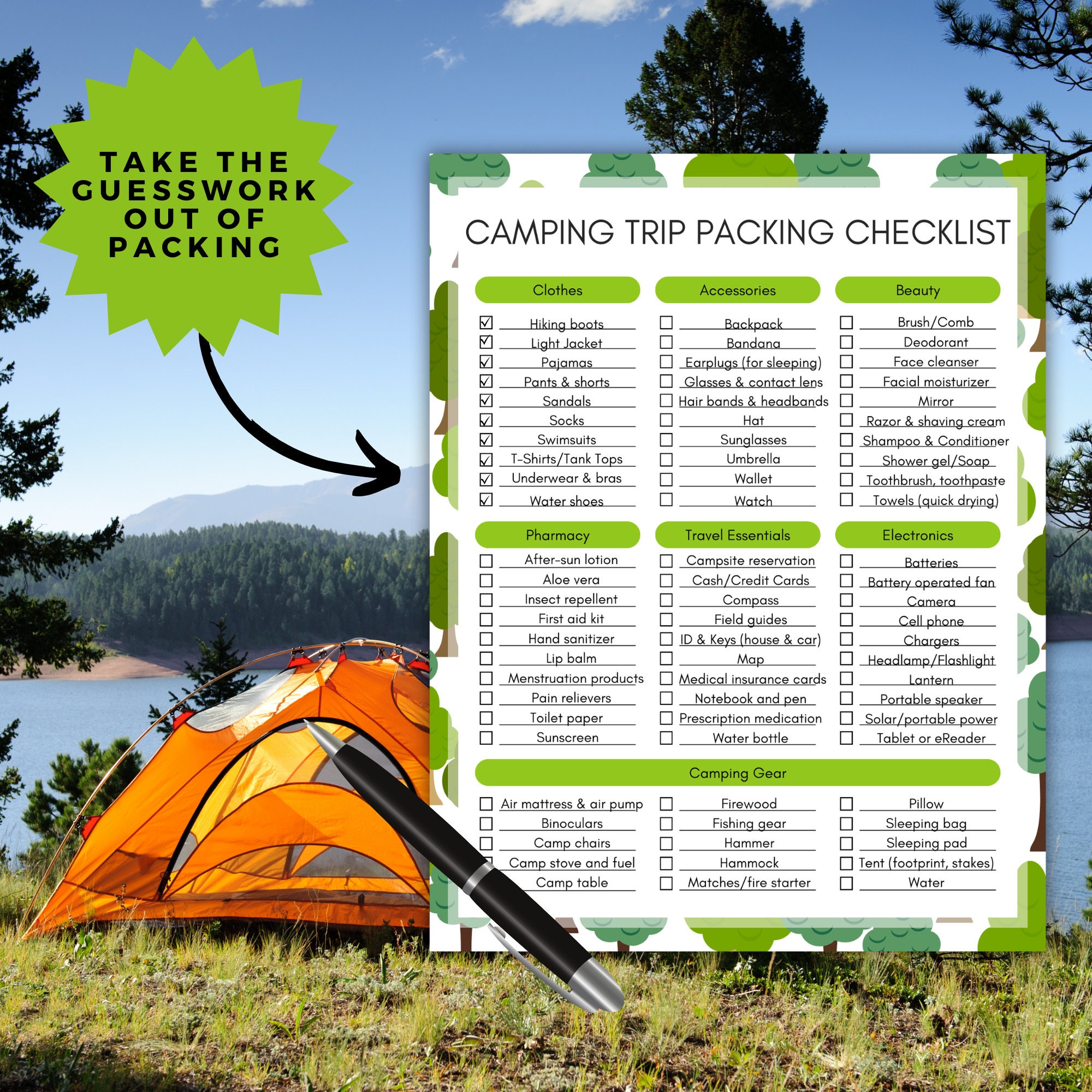 Printable Camping Essentials Checklist Green, Camping Packing Checklist ...