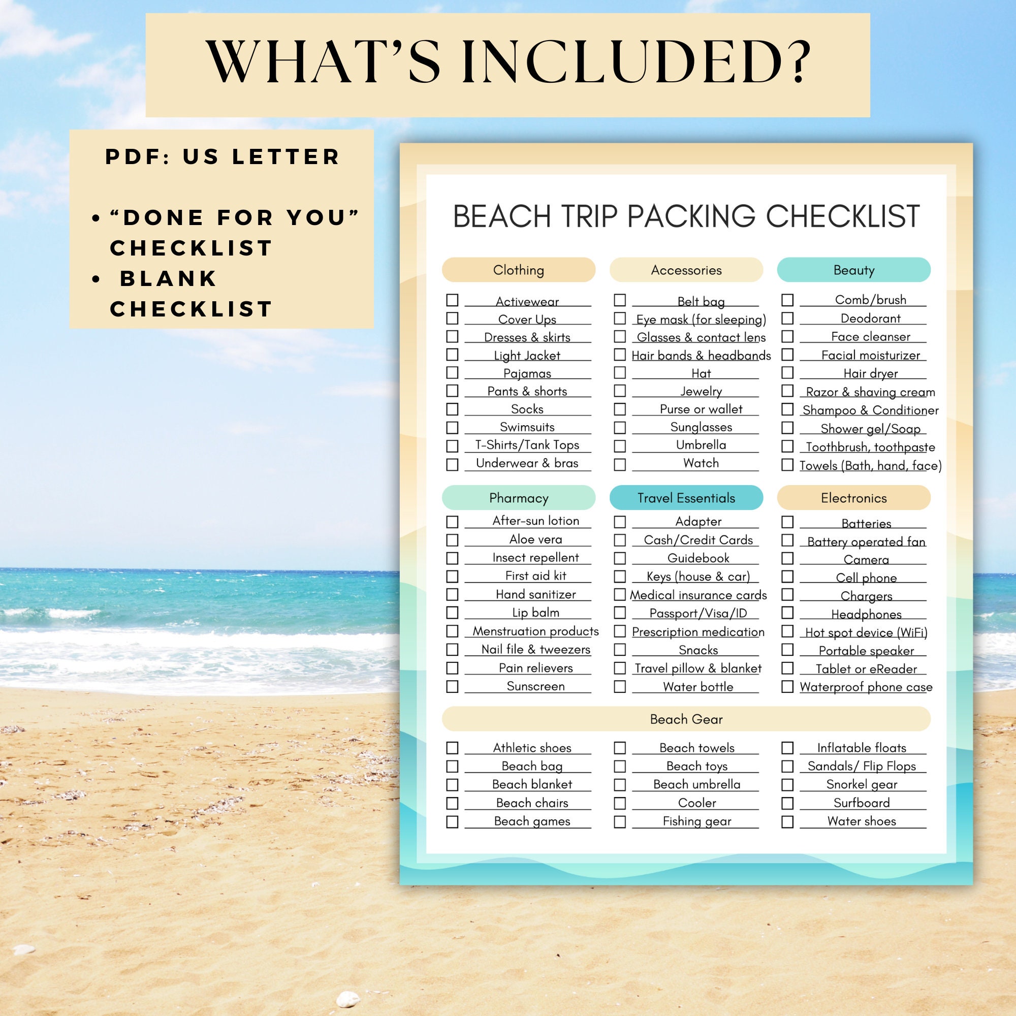 Printable Travel Essentials Packing Checklist- Vibrant Ocean Inspired ...