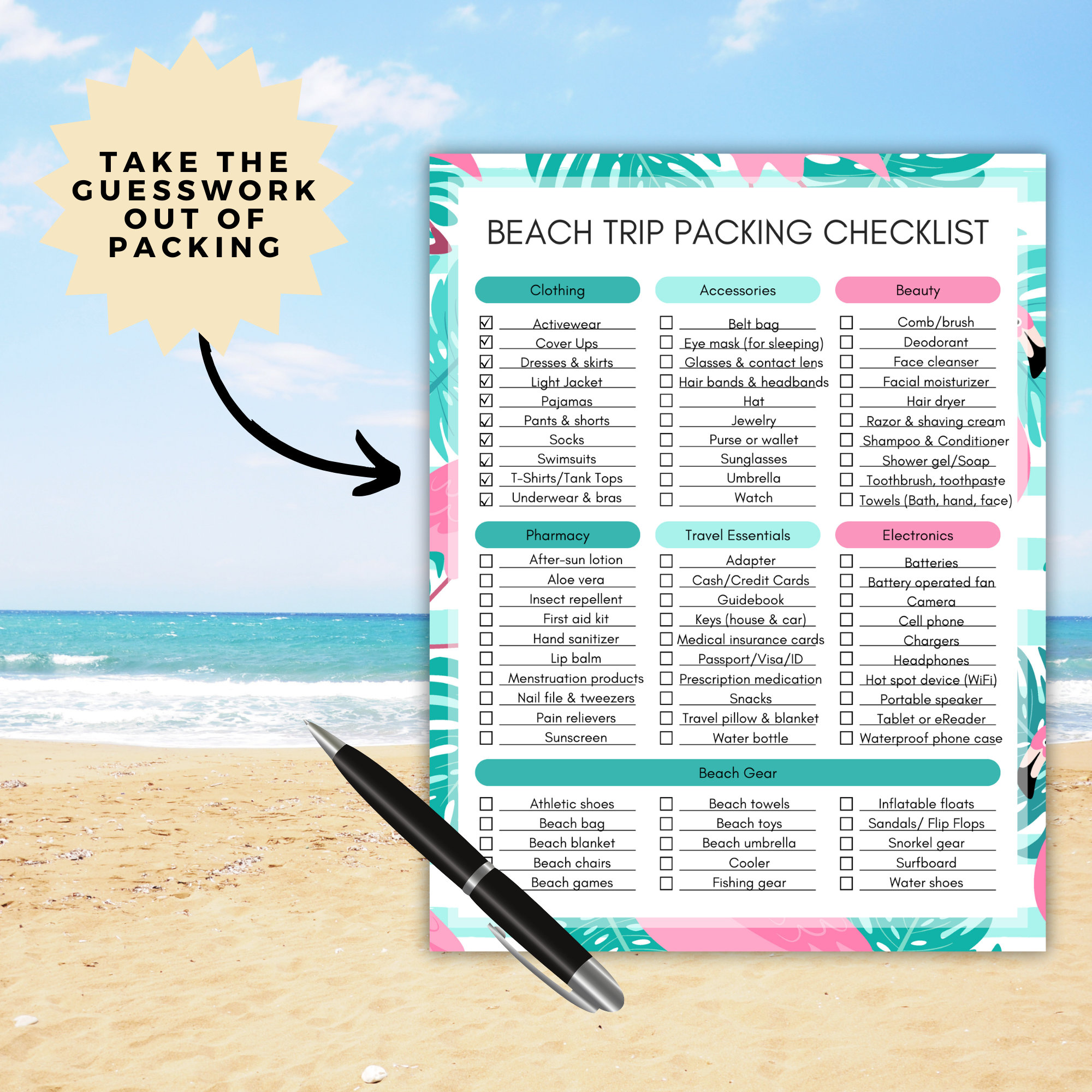 Printable Travel Essentials Packing Checklist- Vibrant Miami Beach ...