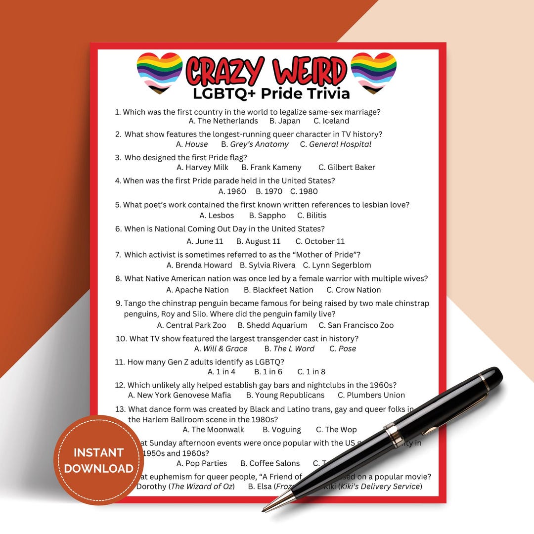 Printable Crazy Weird LGBTQ Pride Trivia Game, Pub Trivia Night, Queer ...