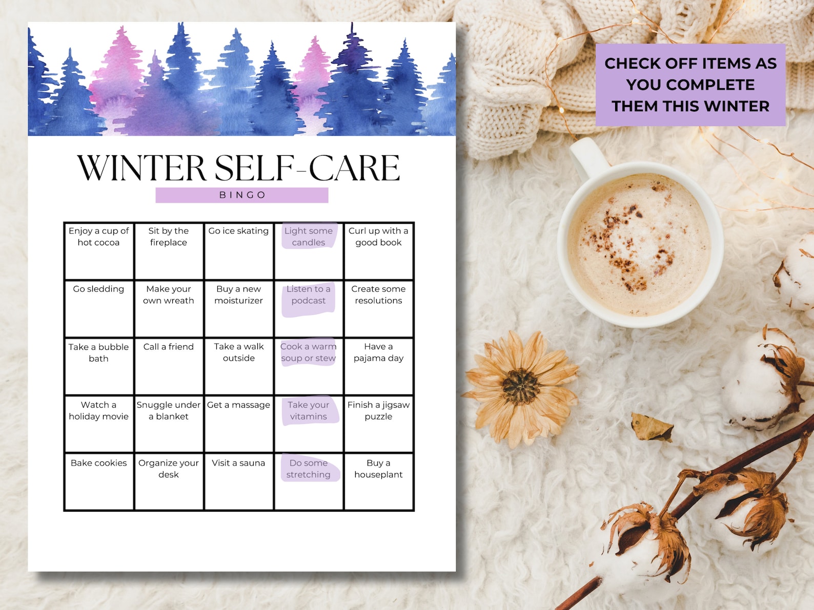 Printable Cozy Self Care Winter Bingo Card, Therapy Games for Self Help ...