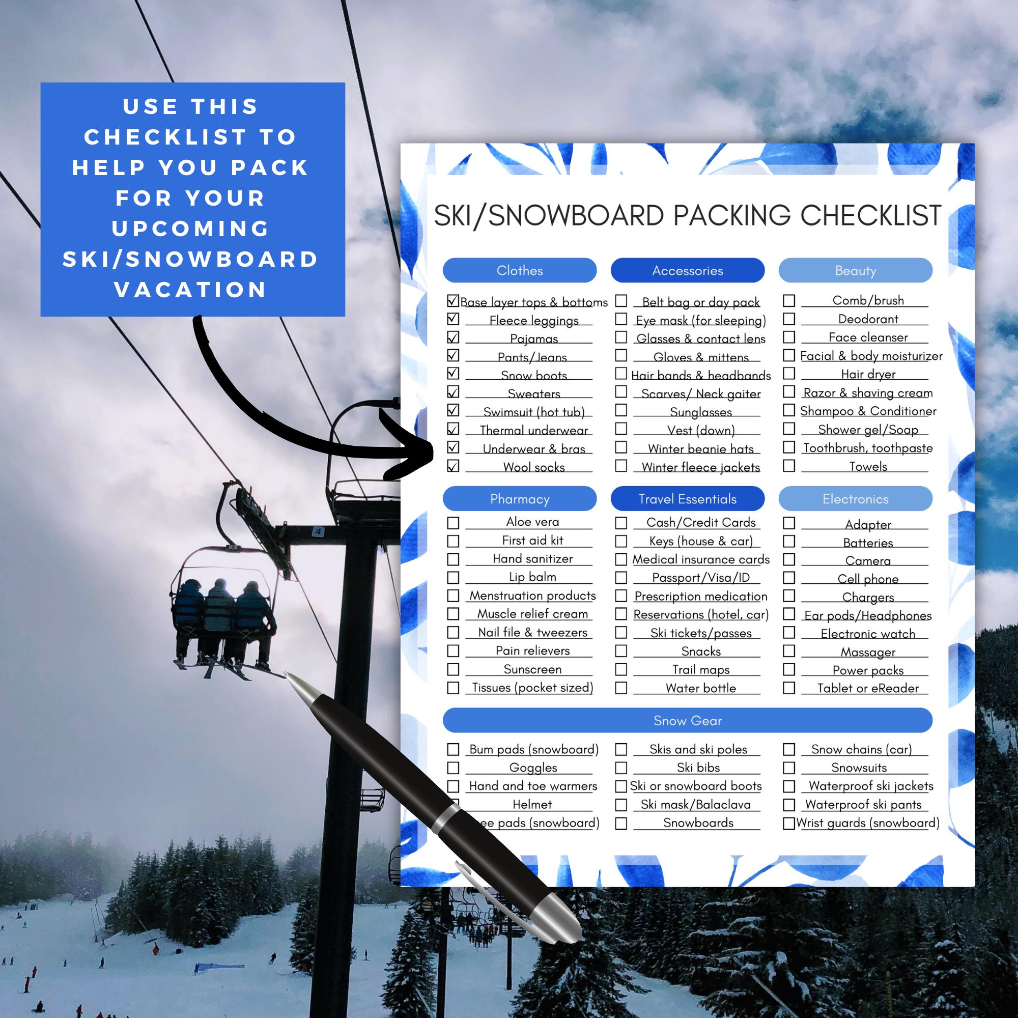 Printable Blue Ski and Snowboard Travel Checklist for All Your Travel ...