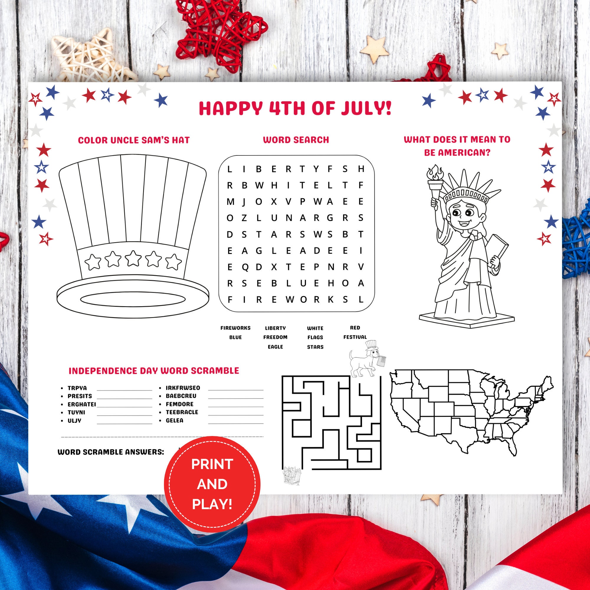 4th of July Printable Paper Placemats: Toddler-friendly Coloring Fun - Etsy
