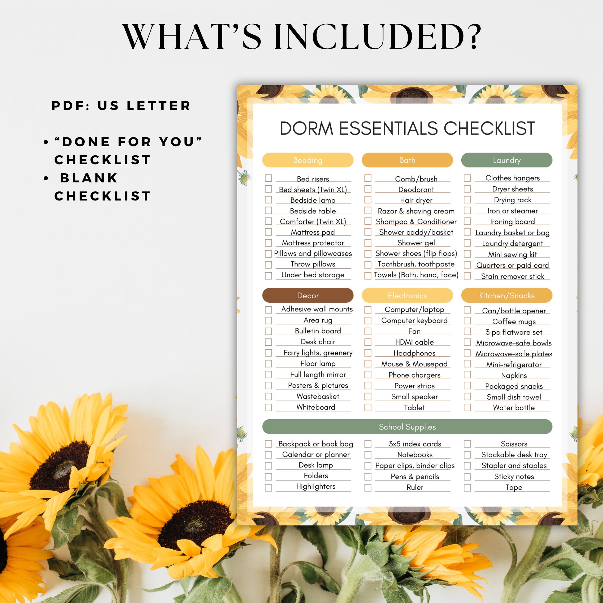 Printable Dorm Room Essentials Checklist - A Sunflower Floral Aesthetic ...