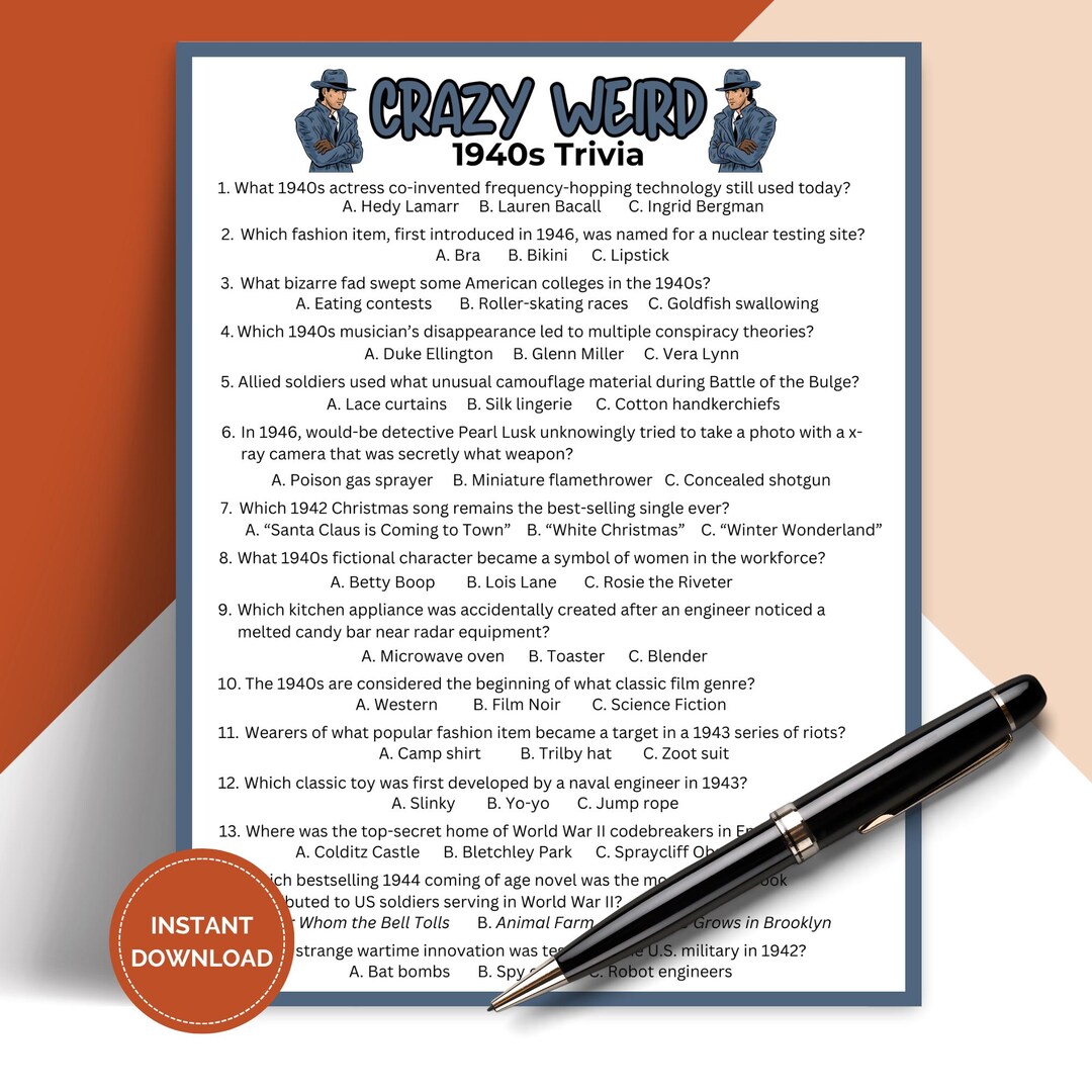 Printable Crazy Weird 1940s History Trivia Game, Pub Trivia Night ...