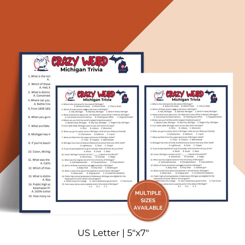 Printable Crazy Weird Michigan Trivia Game, US States Pub Trivia ...