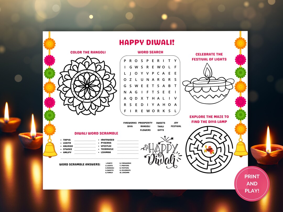 Printable Diwali Coloring Paper Placemats, Diwali Gift Ideas for Kids ...