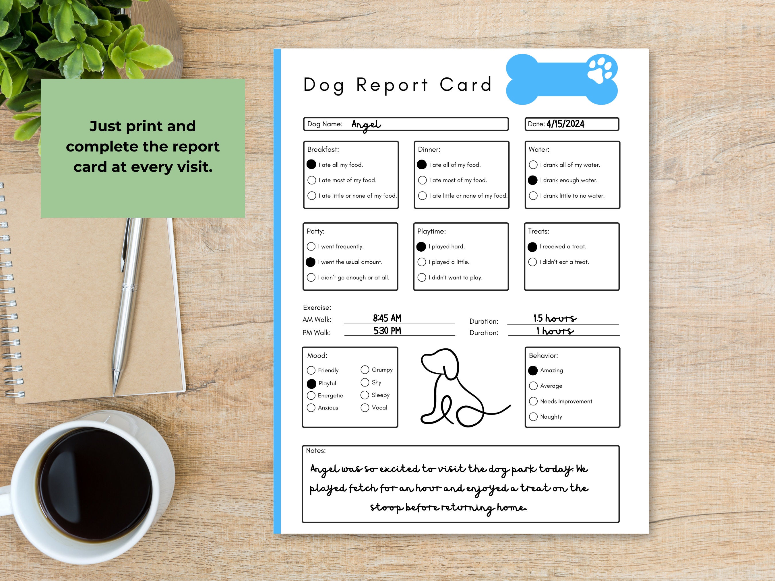Printable Dog Report Card, Pet Report Card, Dog Sitter Template, Doggy ...