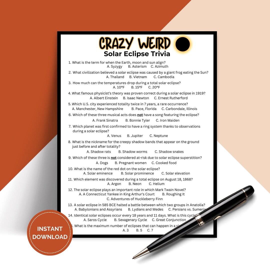 Printable Crazy Weird Solar Eclipse Trivia Game, Pub Trivia, Icebreaker ...