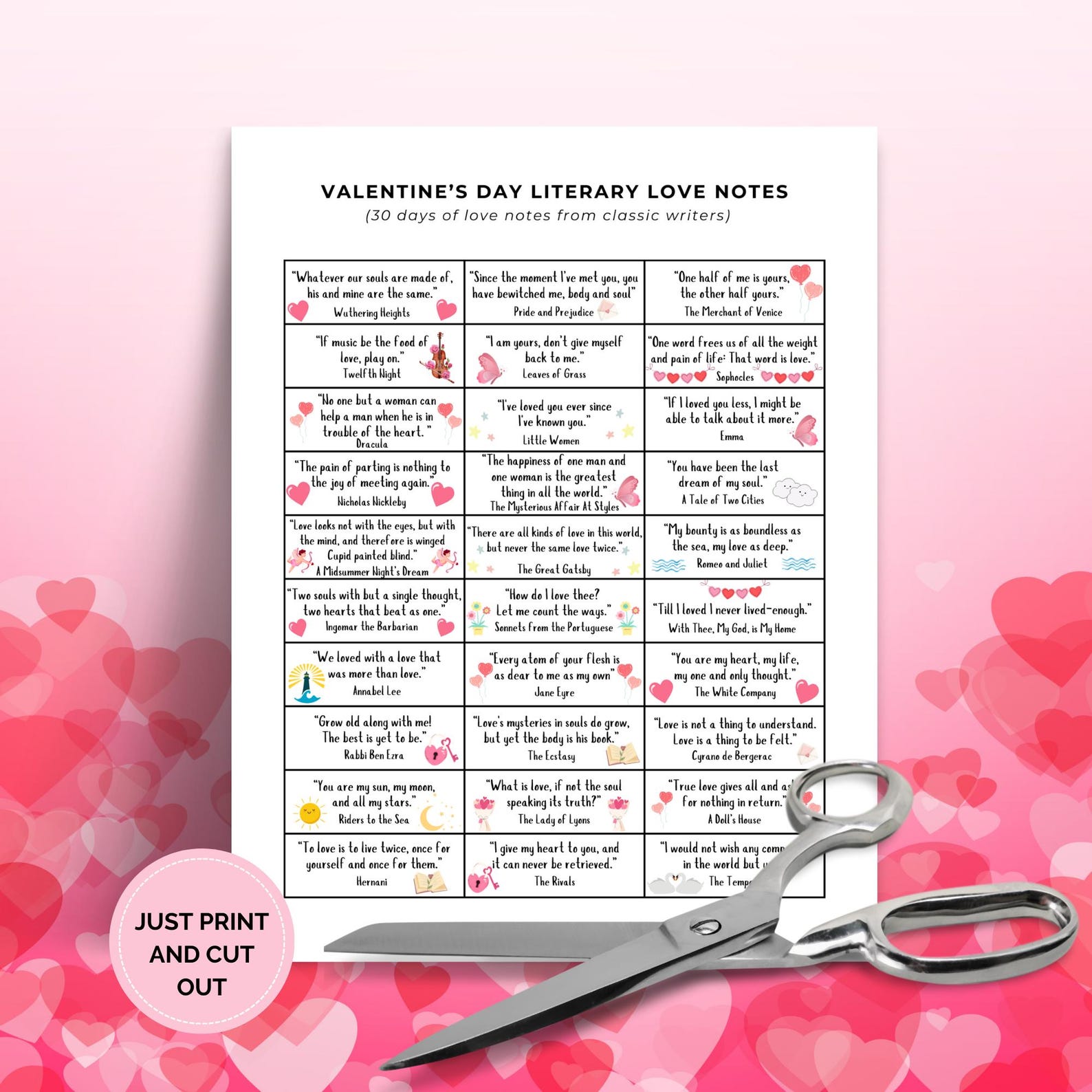 Printable Literary Mini Love Notes for Valentines Day, 30 Days of ...