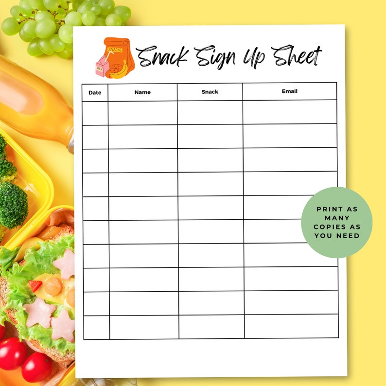 Printable Snack Sign up Sheet - Perfect for PTA Volunteers, Sports ...