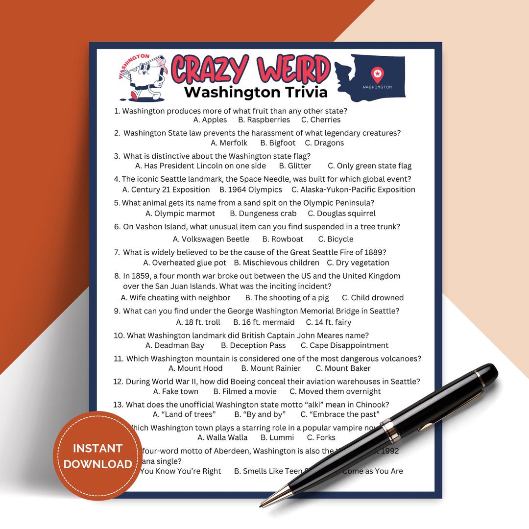 Printable Crazy Weird Washington Trivia Game, US States Pub Trivia ...