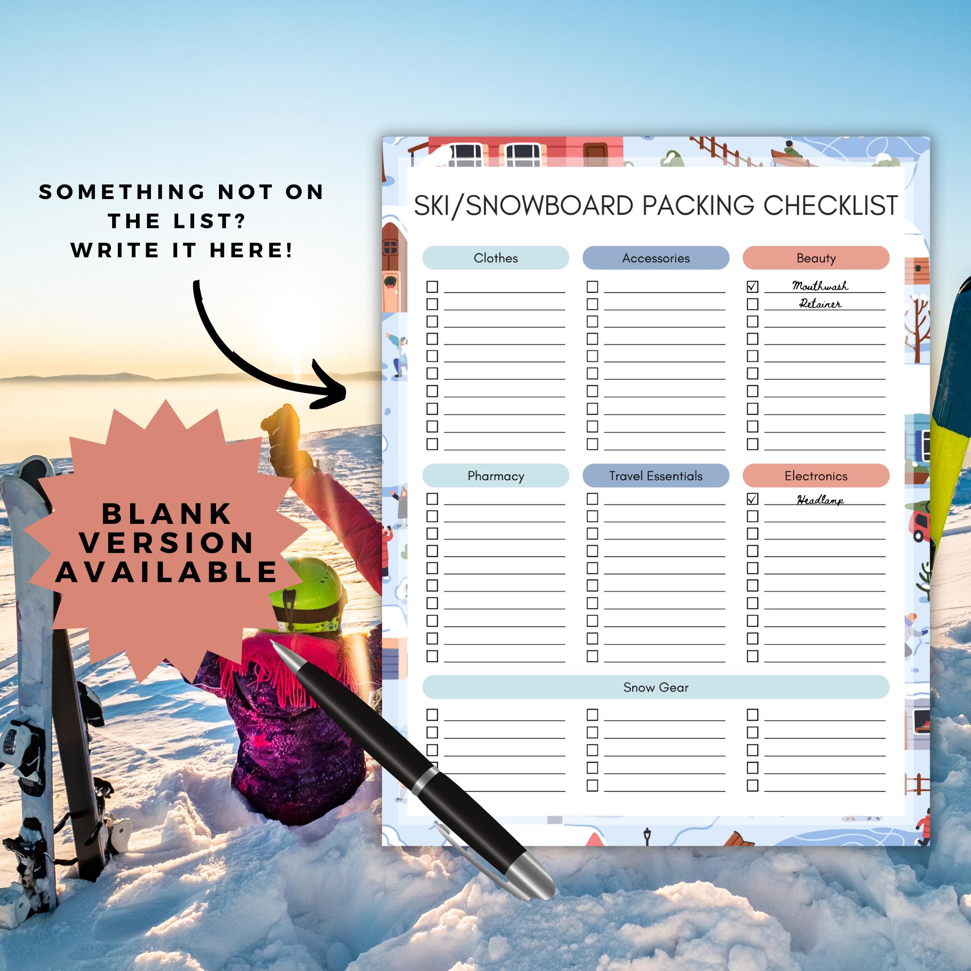 Printable Winter Ski and Snowboard Travel Checklist for All Your Travel ...