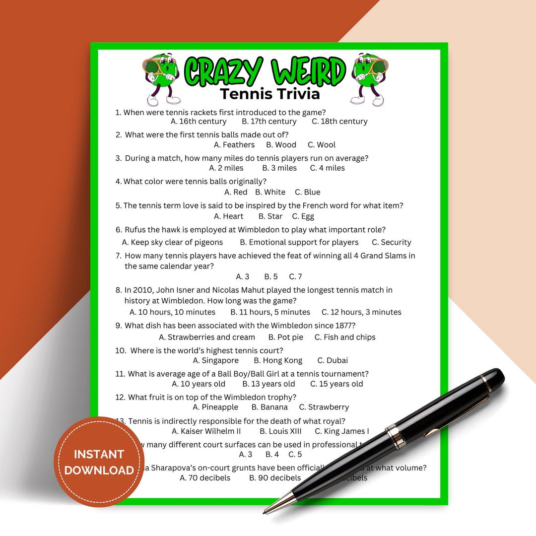 Printable Crazy Weird Tennis Trivia Game, Pub Sports Trivia Night, Team ...