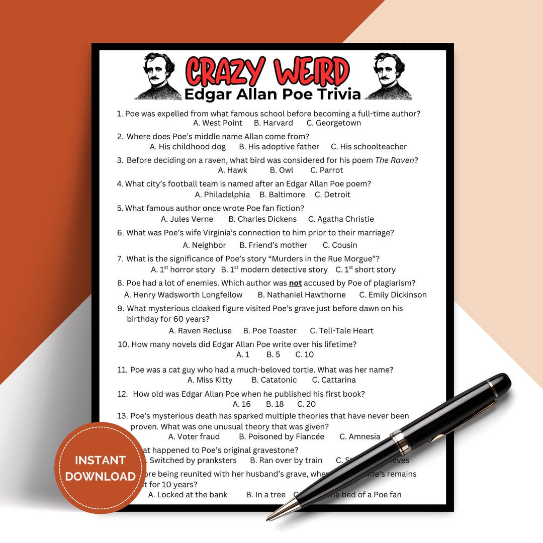 Printable Crazy Weird Edgar Allan Poe Trivia Game, Literary Pub Trivia, Fun Icebreaker ...