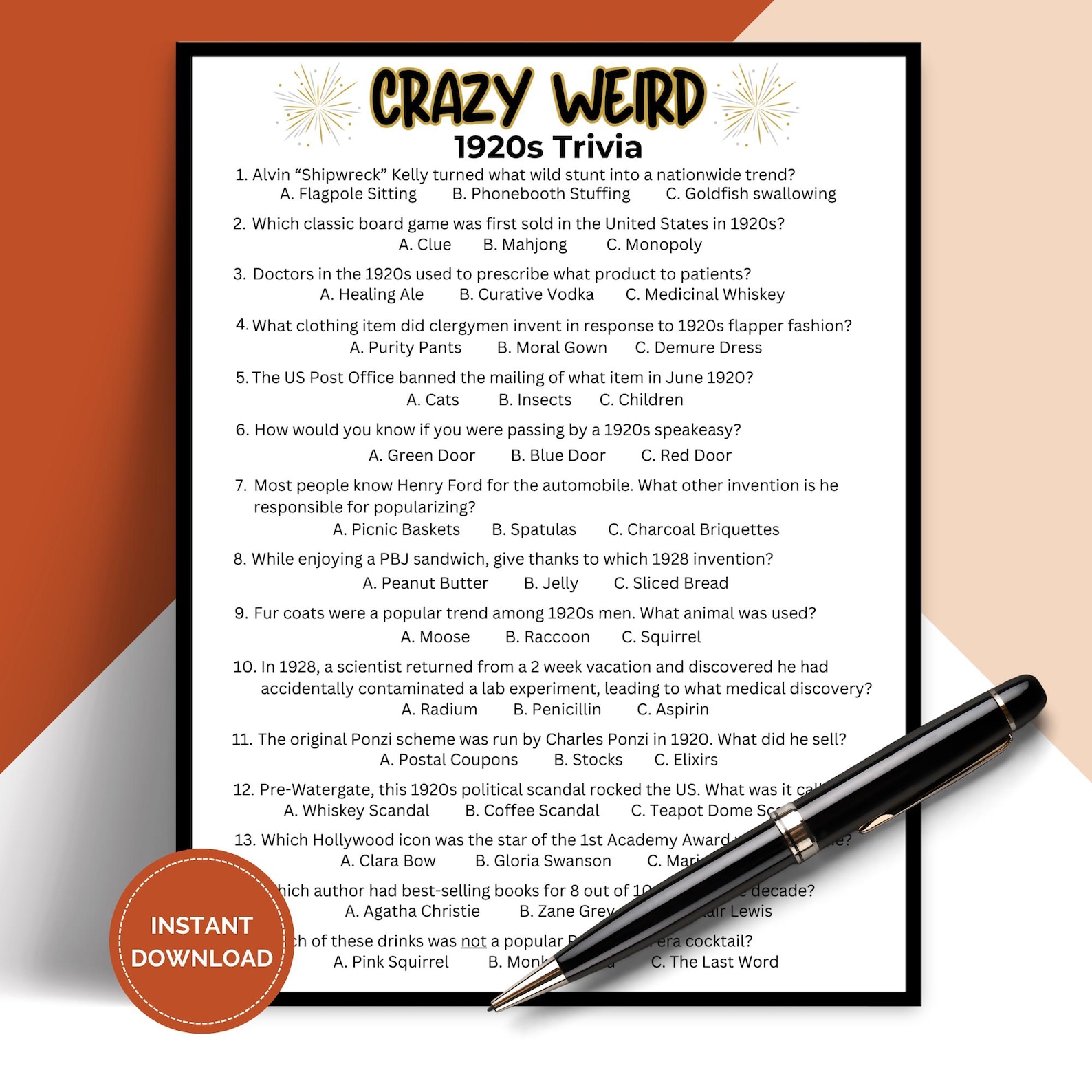 Printable Crazy Weird 1920s Trivia Game, Fun Roaring Twenties Party ...