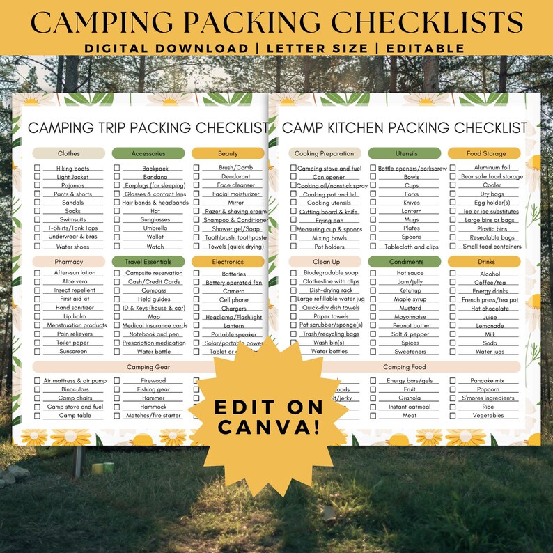 Editable Camping Essentials Checklist Yellow, Camping Packing Checklist ...